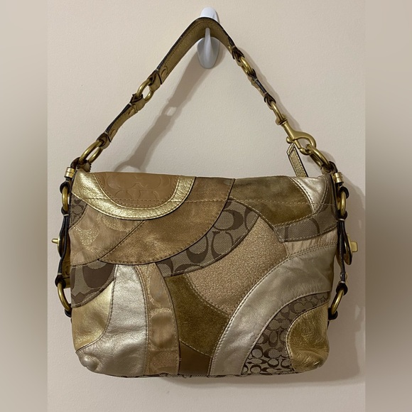 Coach | Bags | Coach Tan Signature Canvas Metallic Gold Leather ...